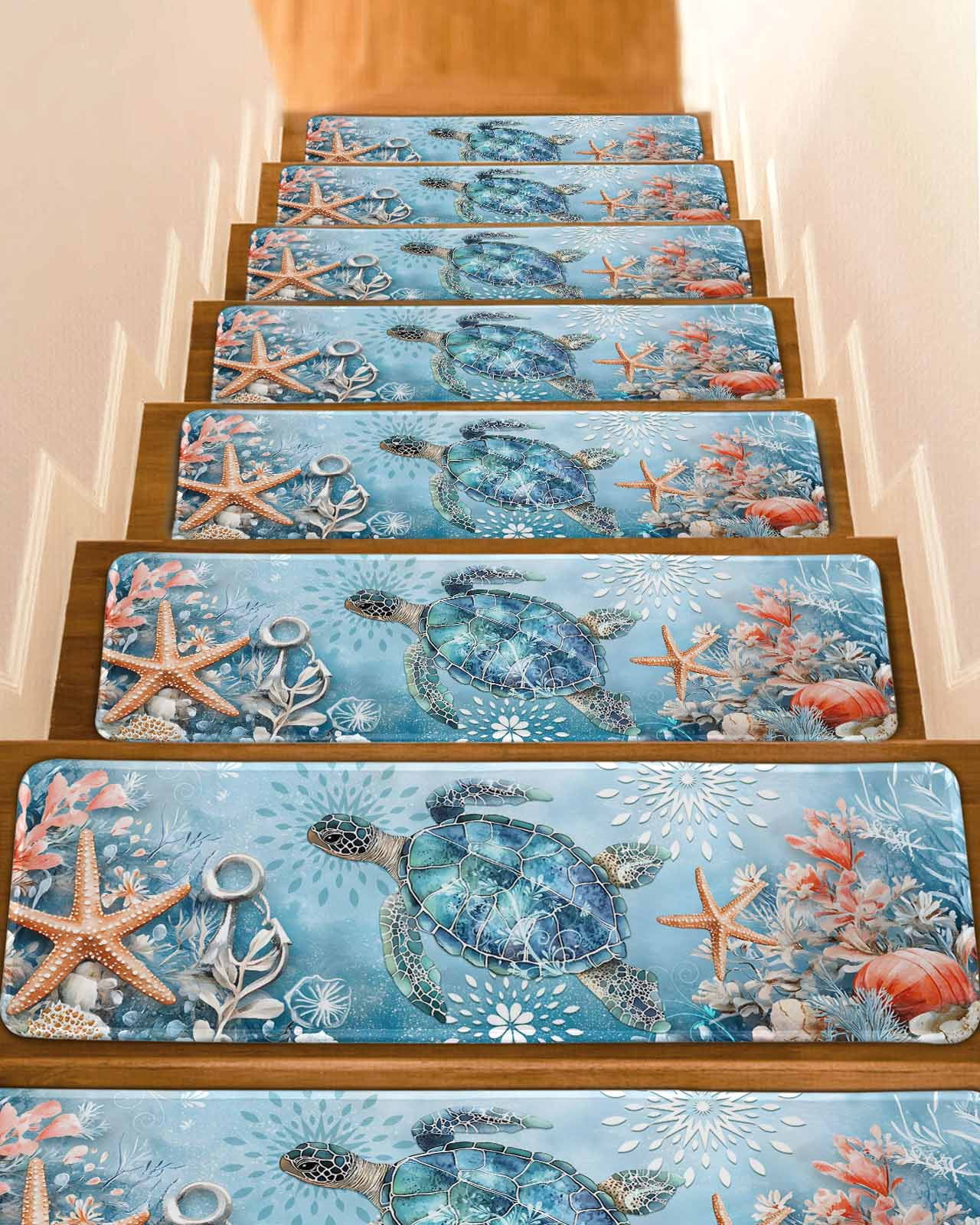 Blue Coastal Sea Turtle Stair Treads for Wooden Steps Indoor Runner Rug ...