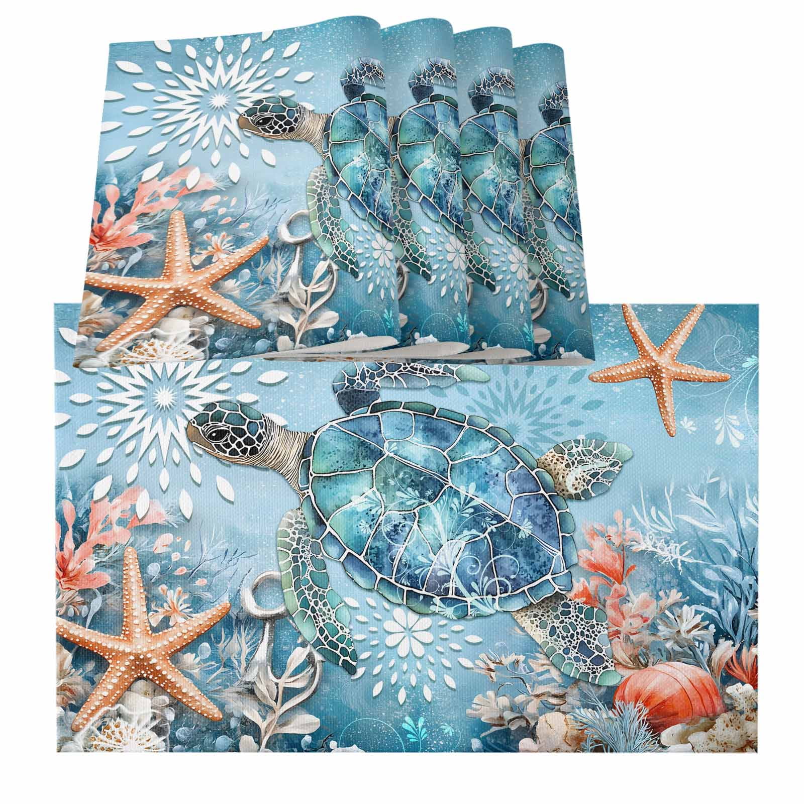 Blue Coastal Sea Turtle Summer Beach Starfish Botanical Burlap Kitchen ...