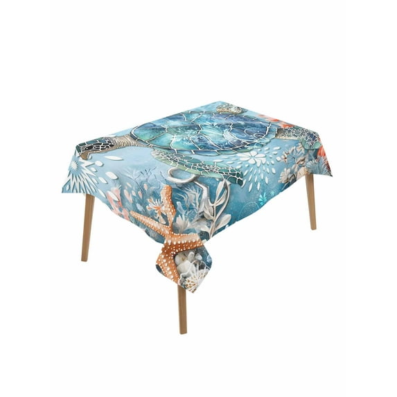 Blue Coastal Sea Turtle Table Cloth, Summer Beach Starfish Botanical ...