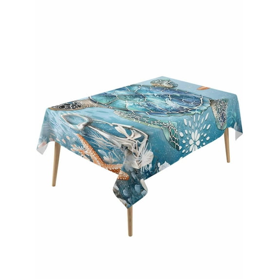 Blue Coastal Sea Turtle Table Cloth, Summer Beach Starfish Botanical ...