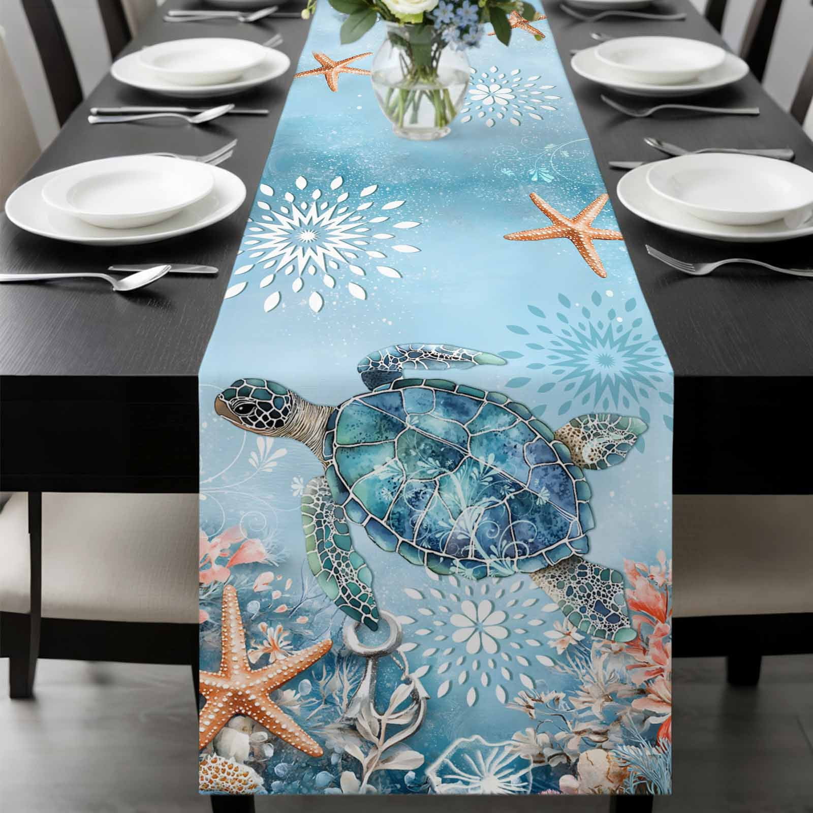 Blue Coastal Sea Turtle Table Runner 72 Inches Long, Summer Beach ...