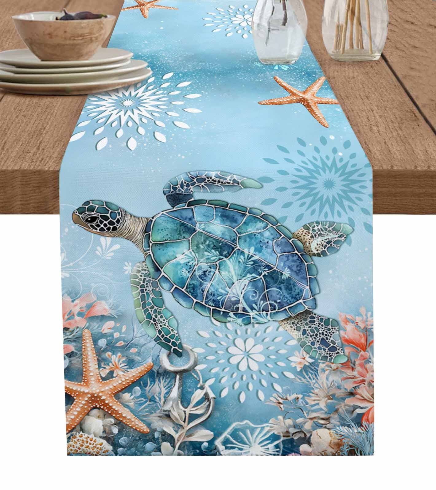 Blue Coastal Sea Turtle Table Runner Summer Beach Starfish Botanical ...