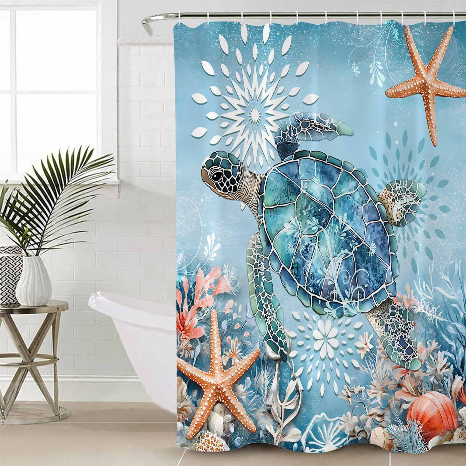 Blue Coastal Sea Turtle Waterproof Fabric Shower Curtain, Summer Beach ...