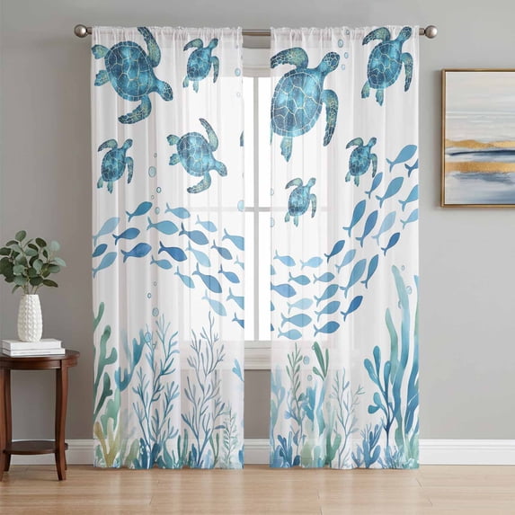 Blue Coastal Sea Turtles Sheer Curtains for Living Room Bedroom Fish ...