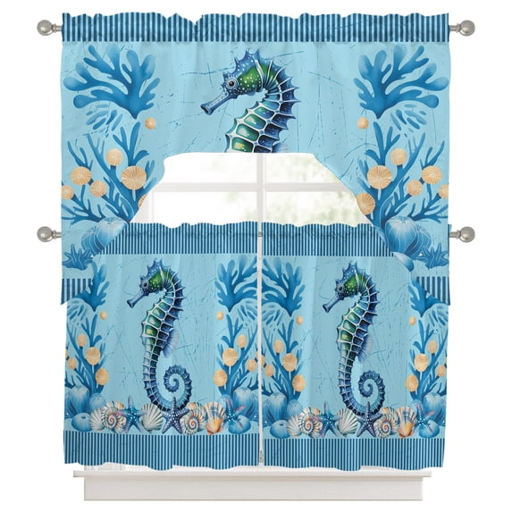 Blue Coastal Seahorse Kitchen Curtains Swag Valance and Tier Curtains ...