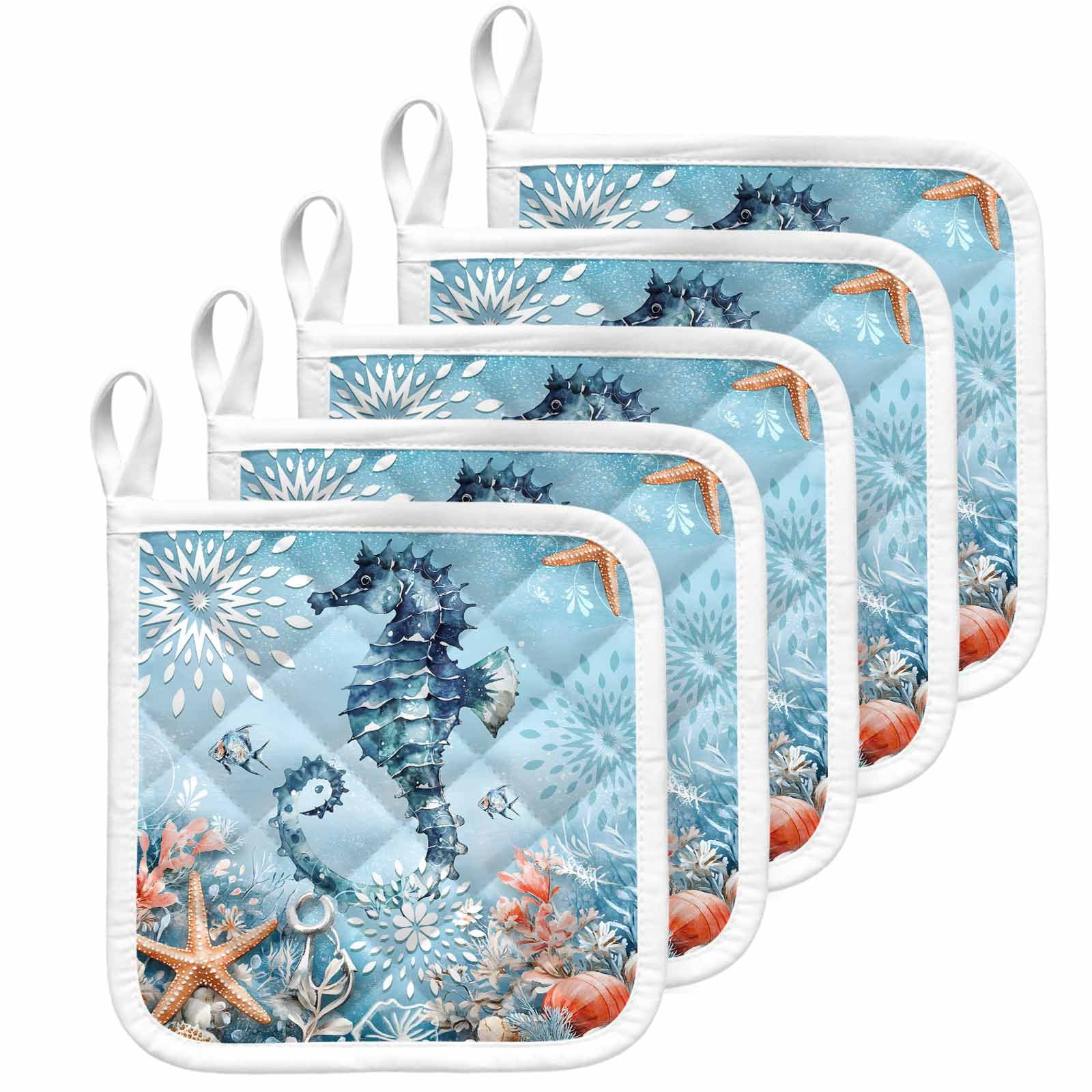 Blue Coastal Seahorse Pot Holders for Kitchen Heatproof Potholder, 5 ...