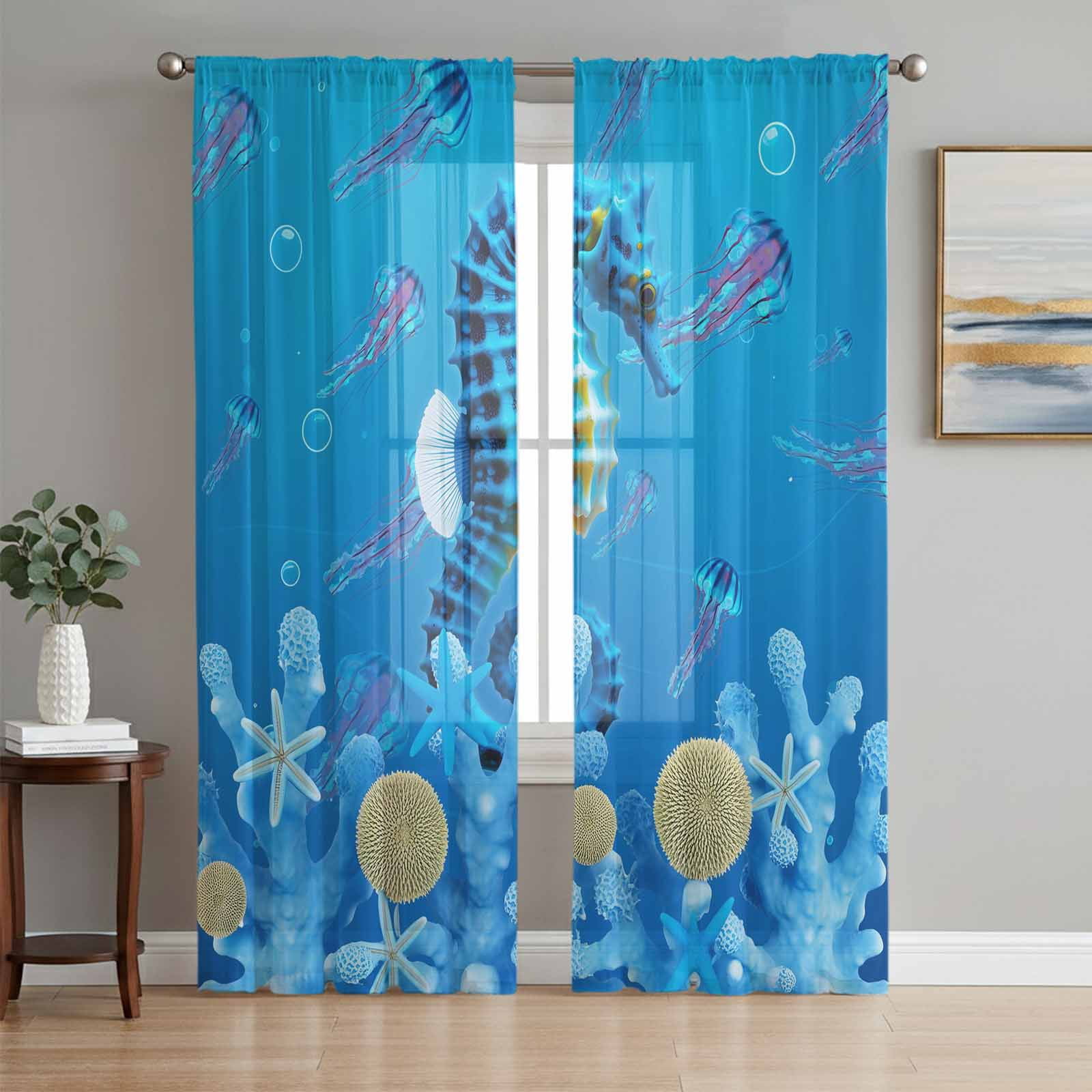 Blue Coastal Seahorse Sheer Curtains for Living Room Bedroom Nautical ...