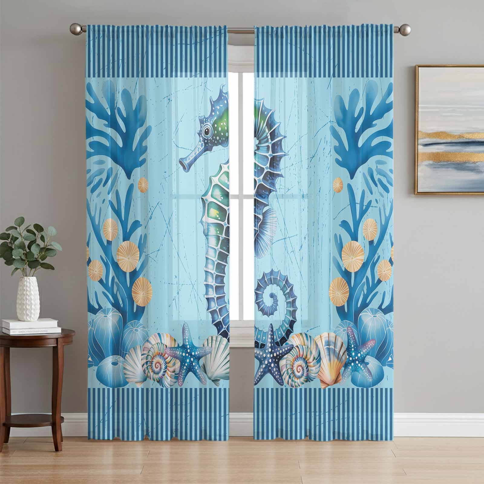 Blue Coastal Seahorse Sheer Curtains for Living Room Bedroom Nautical ...