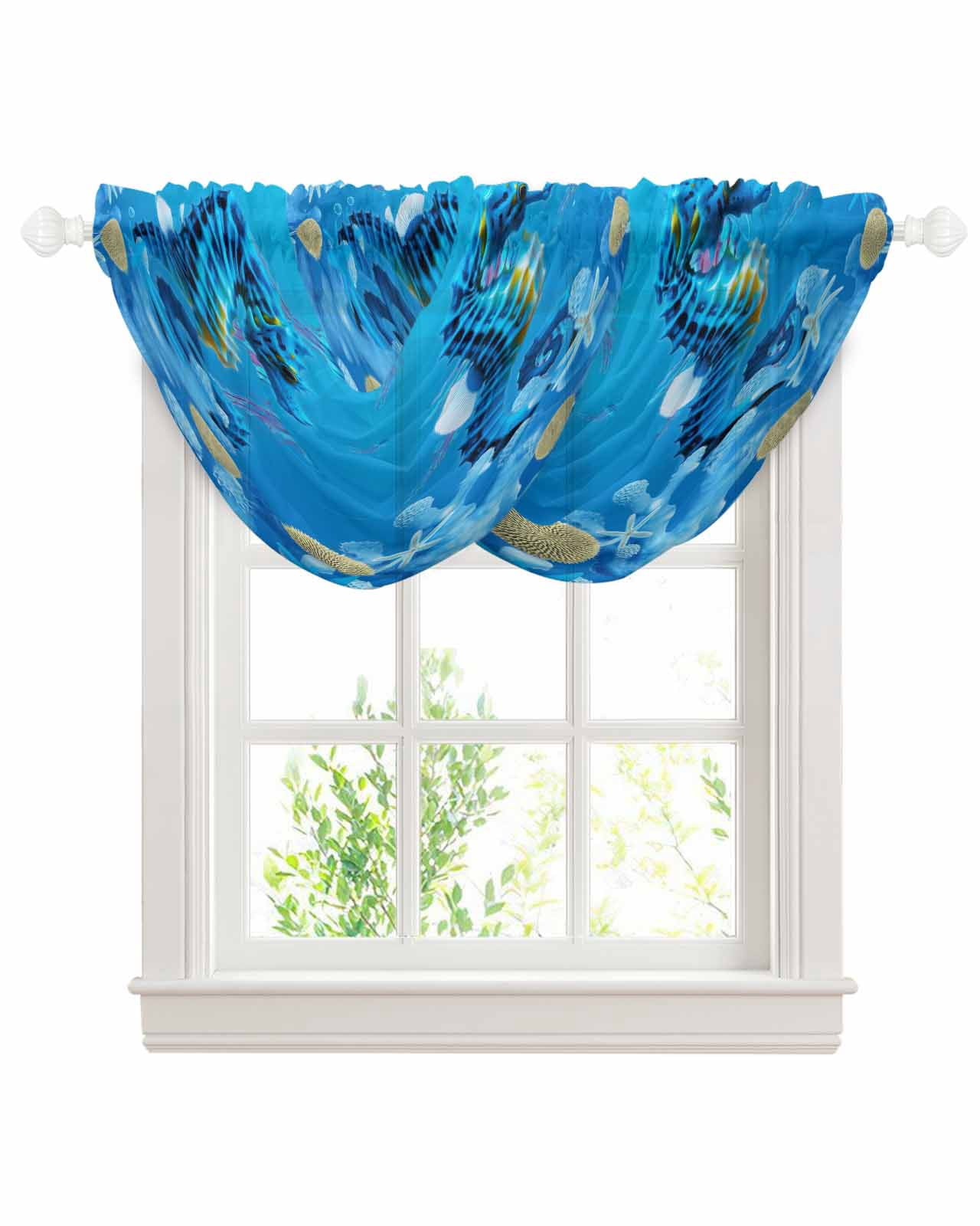 Blue Coastal Seahorse Sheer Waterfall Valance Curtains for Window ...