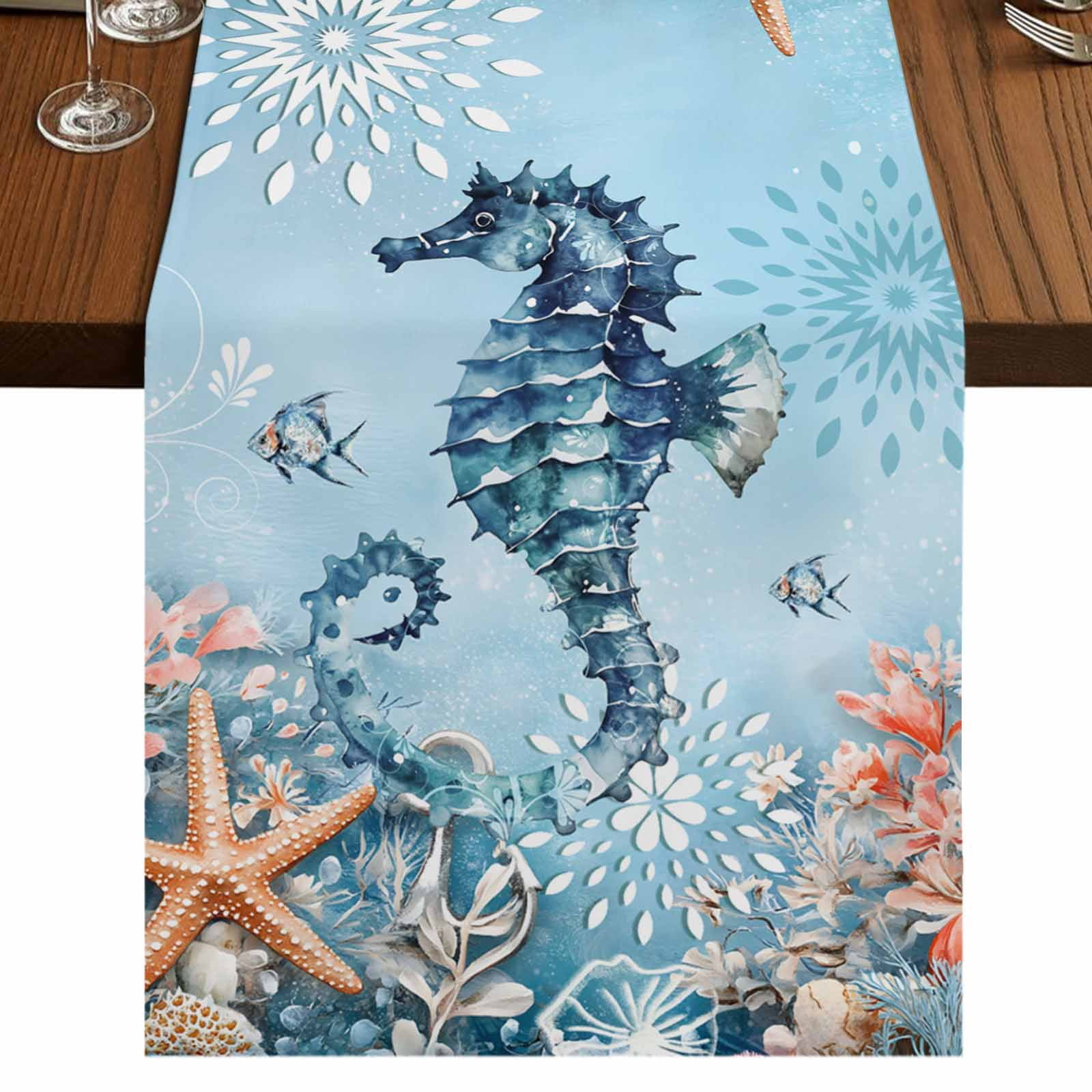 Blue Coastal Seahorse Short Table Runner 36 Inches Long,Summer Beach ...