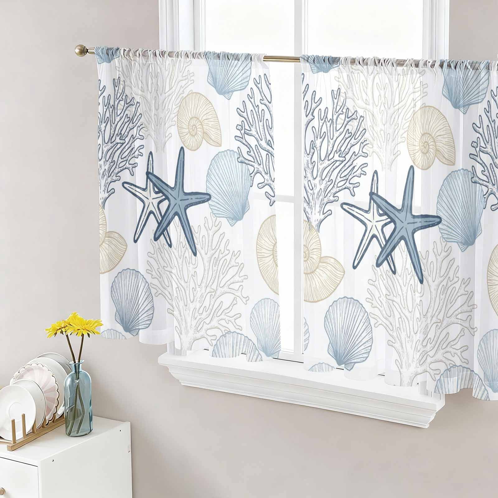 Blue Coastal Semi Sheer Curtains 45 Inch Length 2 Panels Set, Summer ...