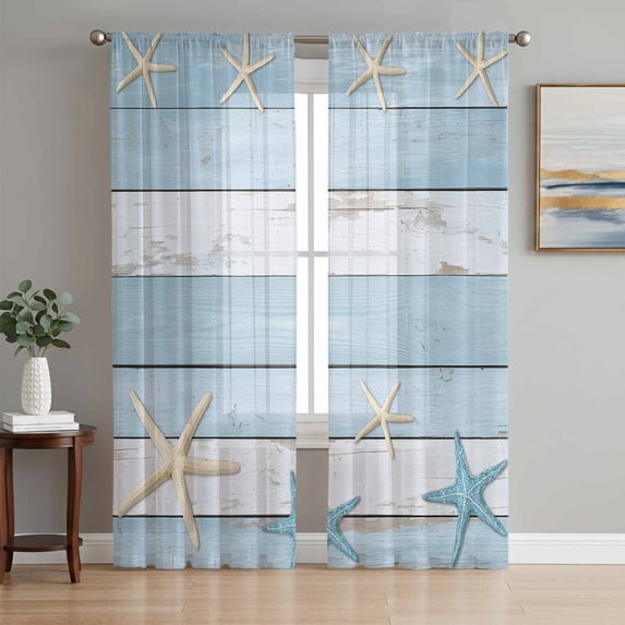 Blue Coastal Semi Sheer Curtains 72 Inch Length 2 Panels Set, Retro ...