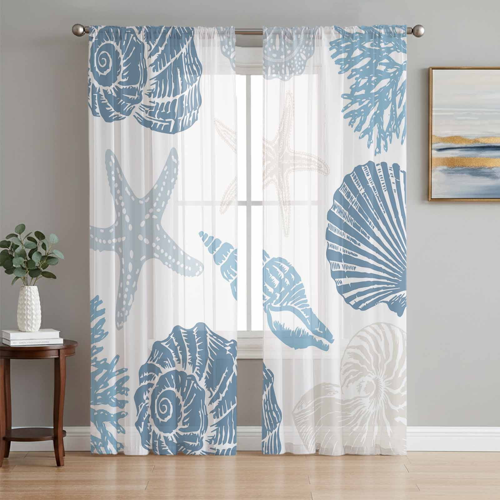 Blue Coastal Semi Sheer Curtains 72 Inch Length 2 Panels Set, Shell ...