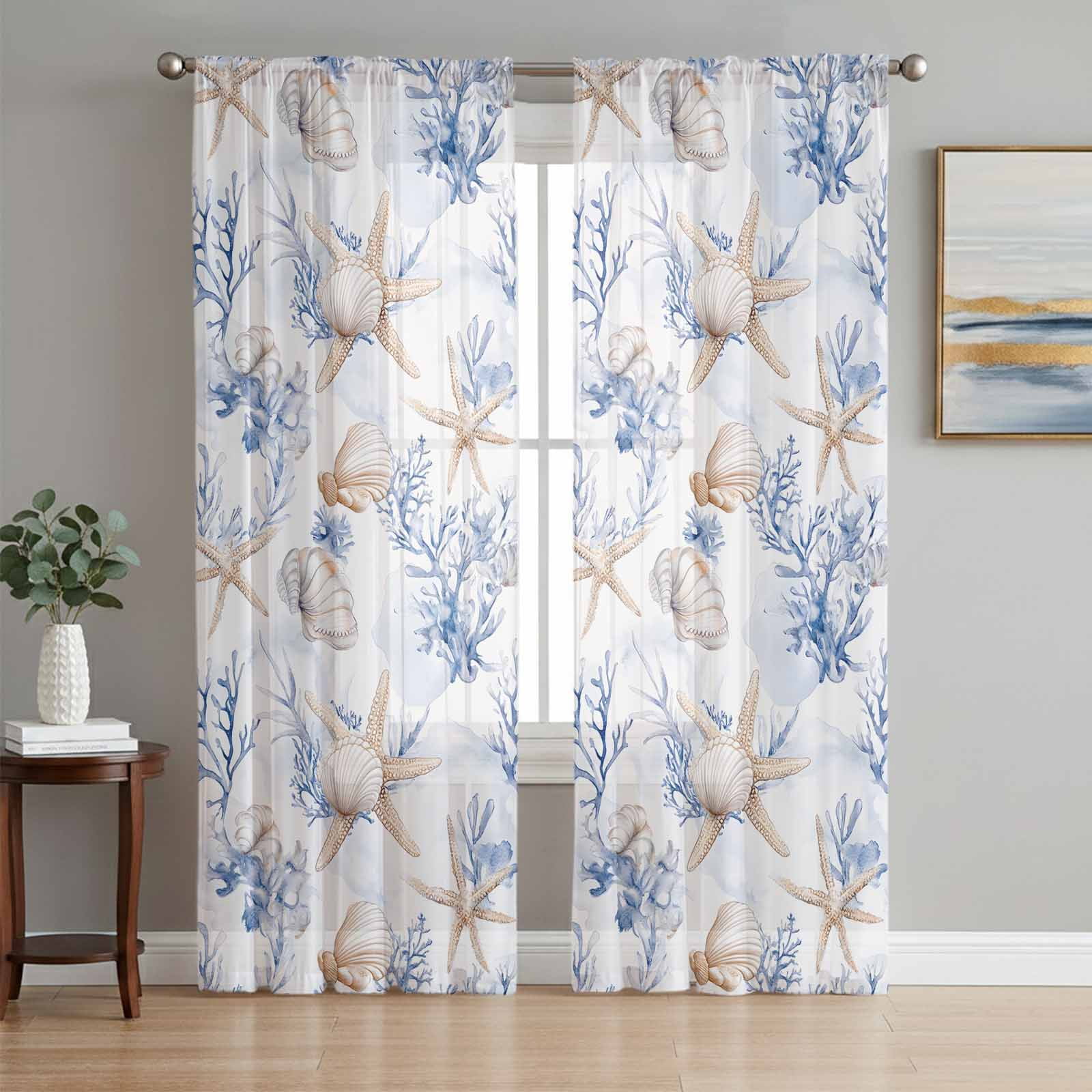 Blue Coastal Semi Sheer Curtains 72 Inch Length 2 Panels Set, Summer ...