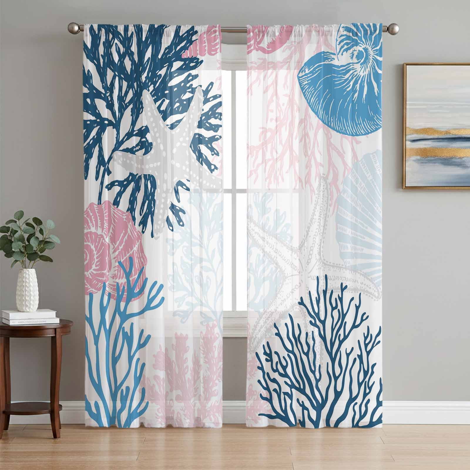 Blue Coastal Semi Sheer Curtains 96 Inch Length 2 Panels Set, Grey Red ...
