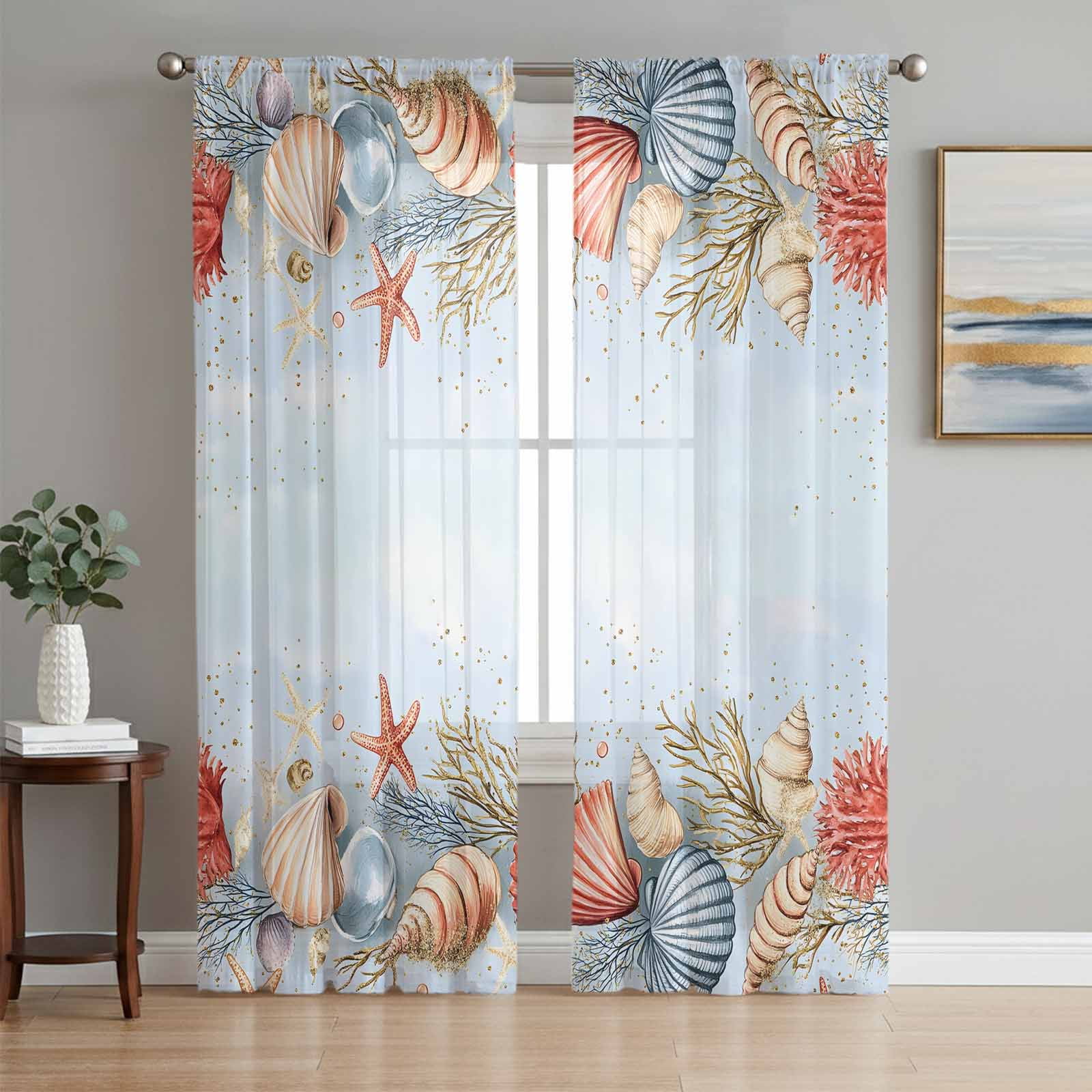 Blue Coastal Semi Sheer Curtains 96 Inch Length 2 Panels Set, Summer ...