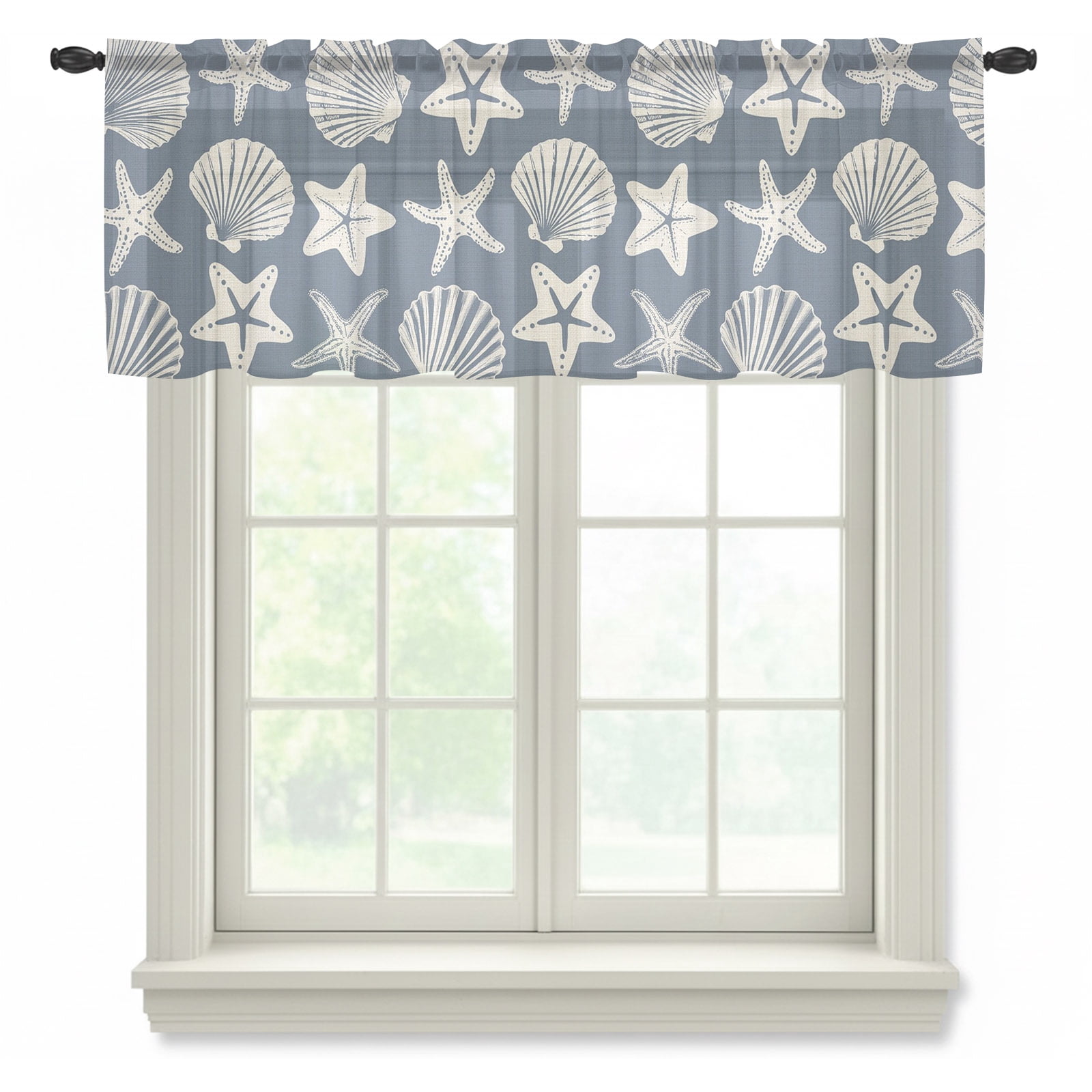 Blue Coastal Semi Sheer Valance Curtains, Starfish Shell Ocean Nautical ...