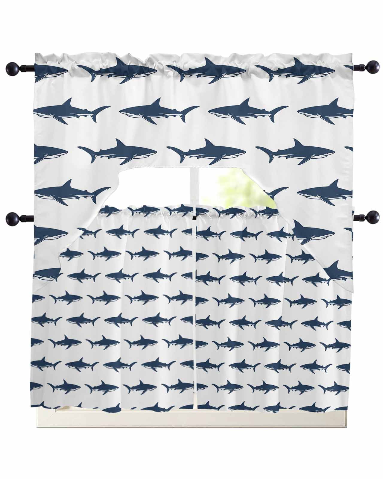 Blue Coastal Shark Kitchen Curtains Sets 36 Inch Length with Valance ...