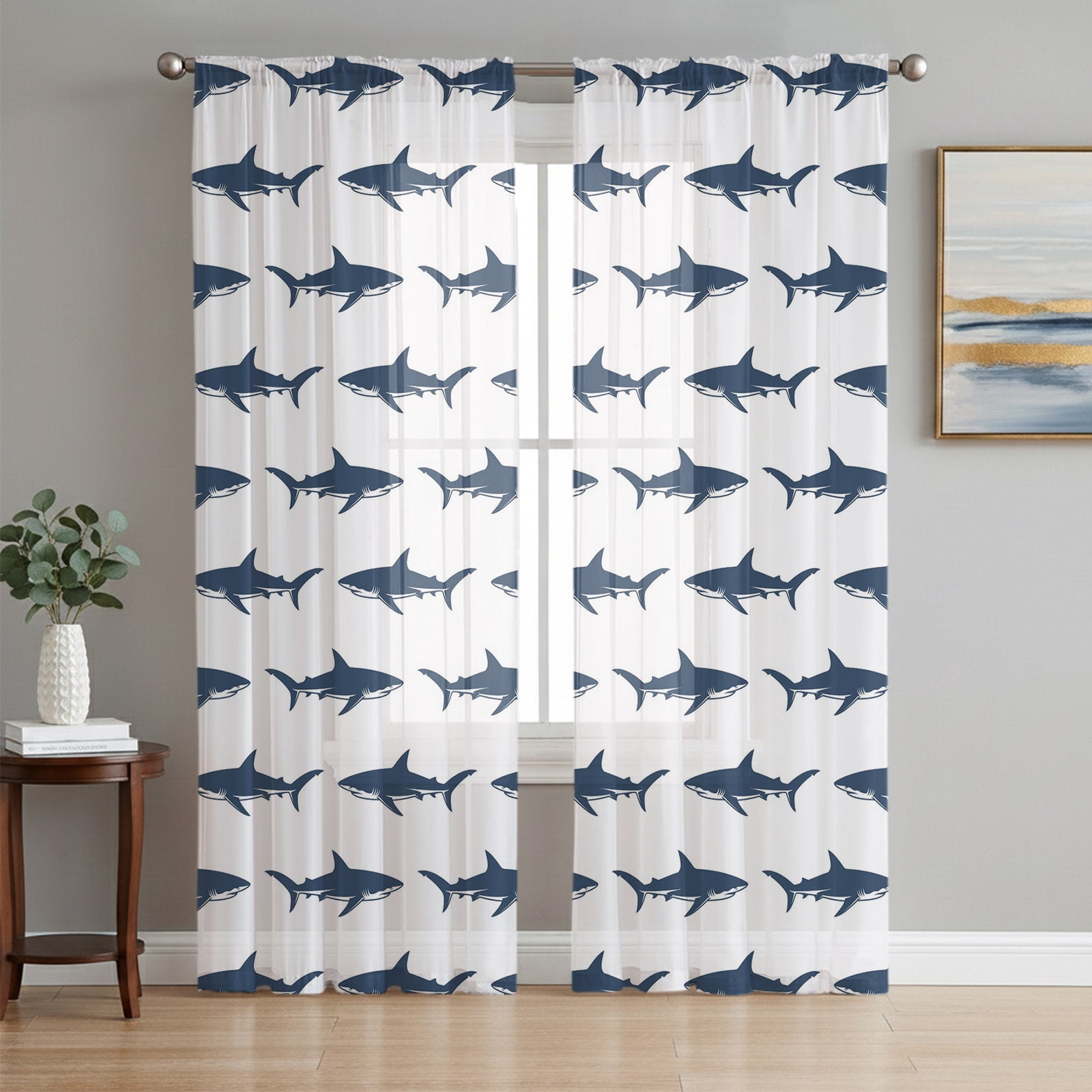 Blue Coastal Shark Sheer Curtains for Living Room Bedroom Ocean Sea ...