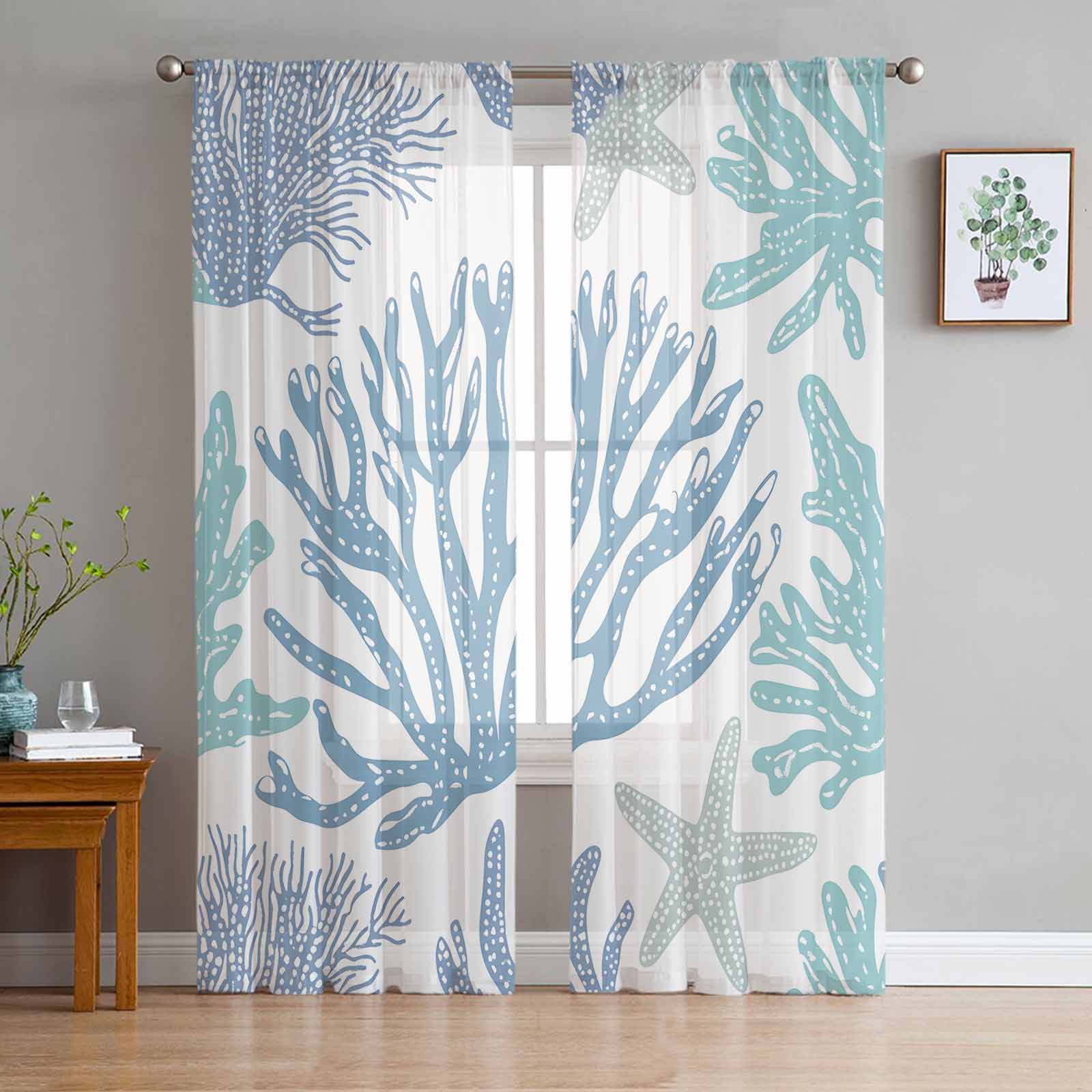 Blue Coastal Sheer Curtains 108 Inch Length 2 Panels Set for Living ...