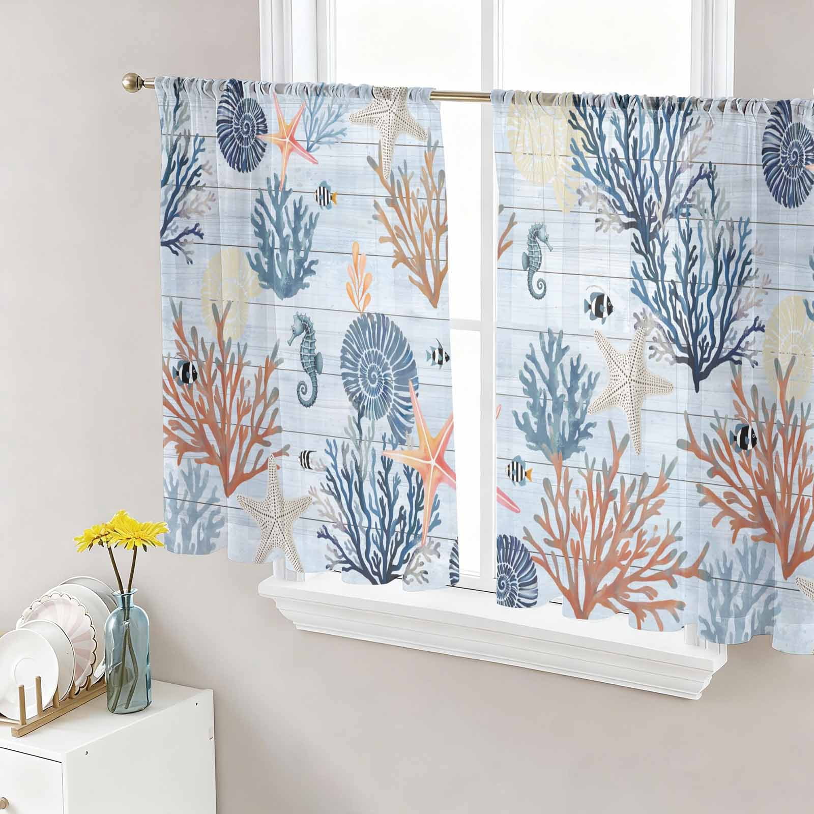 Blue Coastal Sheer Curtains 45 Inch Length 2 Panels Set, Coral Shell ...