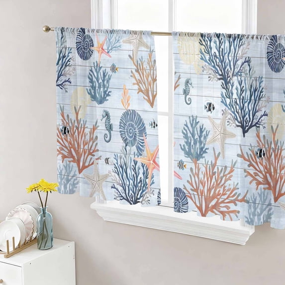 Blue Coastal Sheer Curtains 45 Inch Length 2 Panels Set, Coral Shell ...