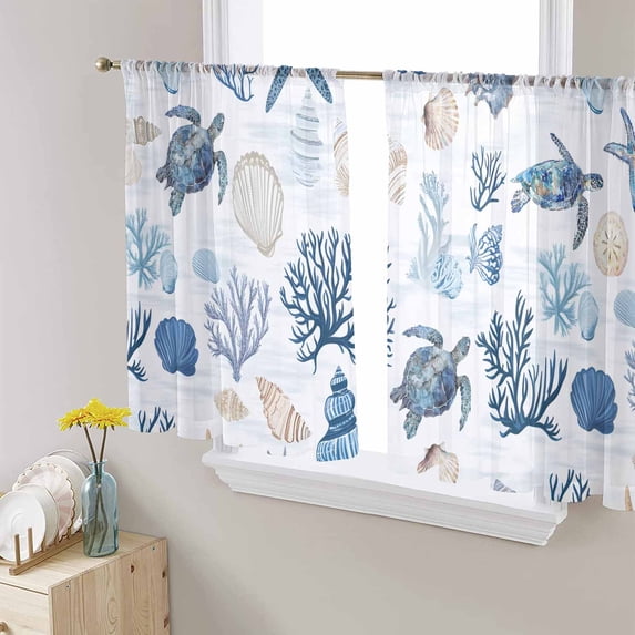 Blue Coastal Sheer Curtains 54 Inch Length 2 Panels Set for Living Room ...