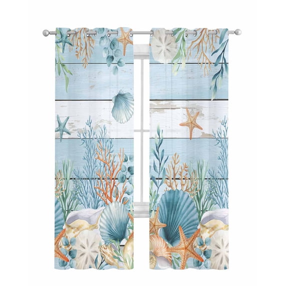 Blue Coastal Sheer Curtains 63 Inch Length 2 Panels Set for Living Room ...