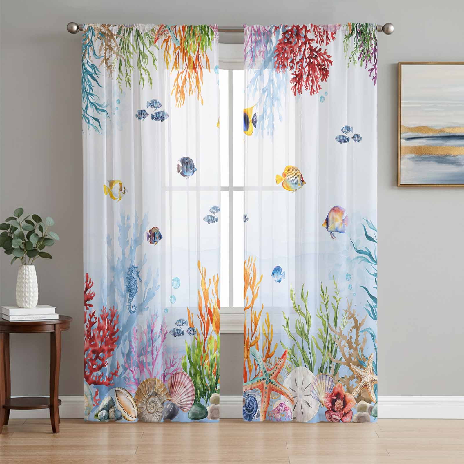 Blue Coastal Sheer Curtains 63 Inch Length 2 Panels Set, Summer Beach ...