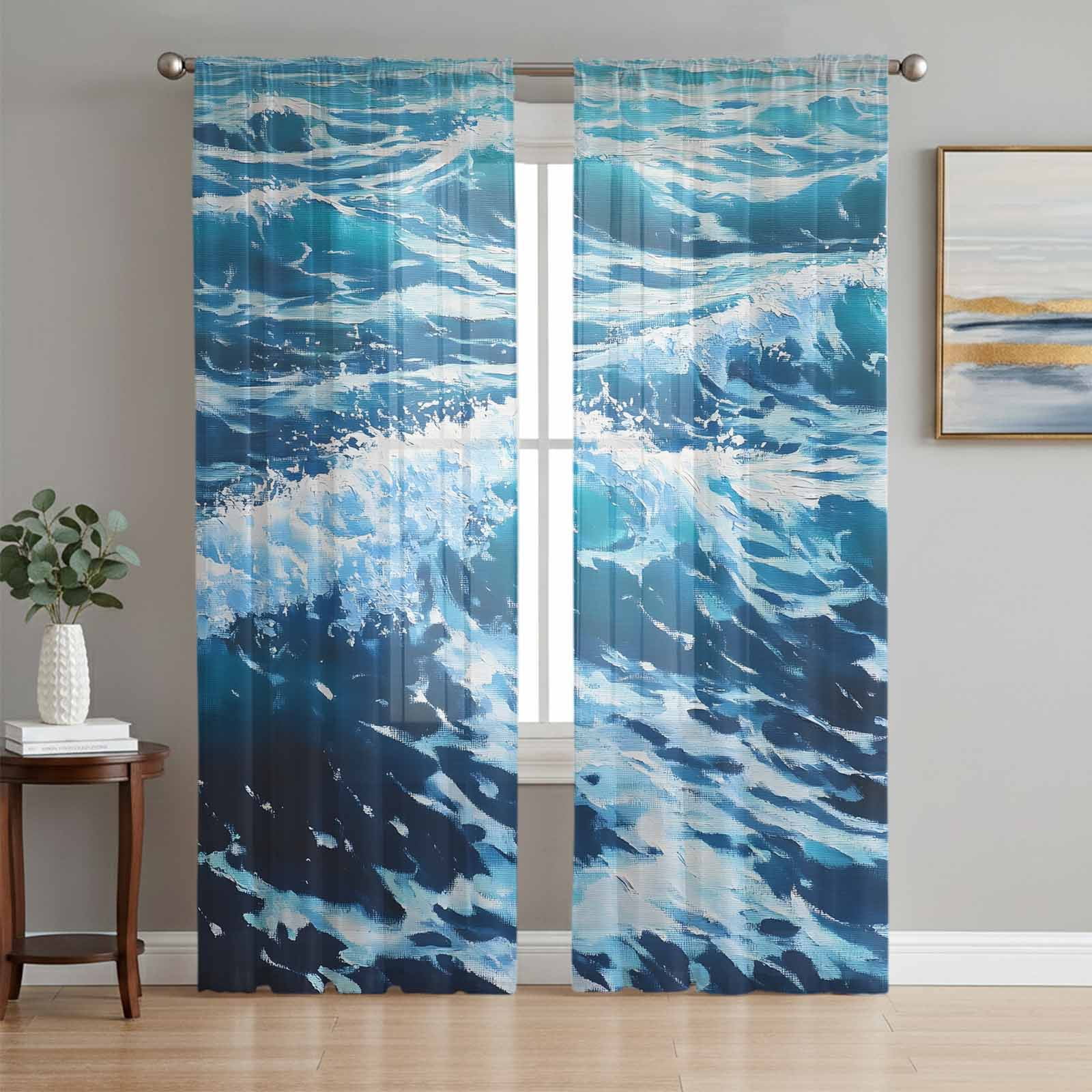 Blue Coastal Sheer Curtains 63 Inch Length 2 Panels Set, Summer Beach ...