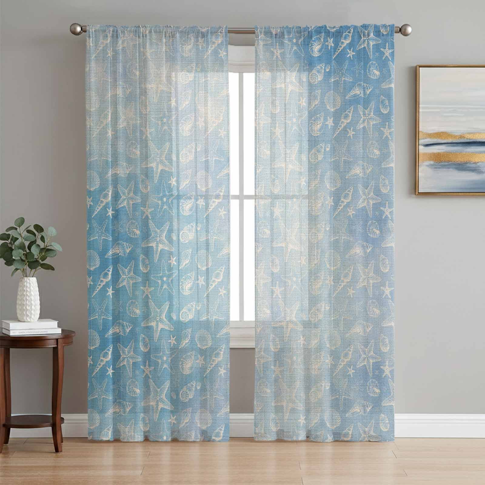 Blue Coastal Sheer Curtains 63 Inch Length 2 Panels Set, Summer Ocean ...