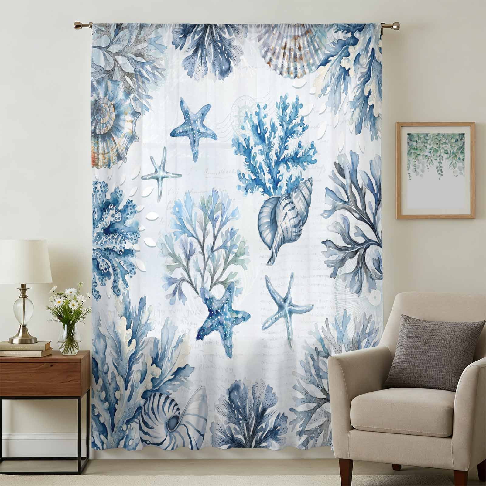 Blue Coastal Sheer Curtains 63 Inches Long, Summer Retro Ocean Sea ...