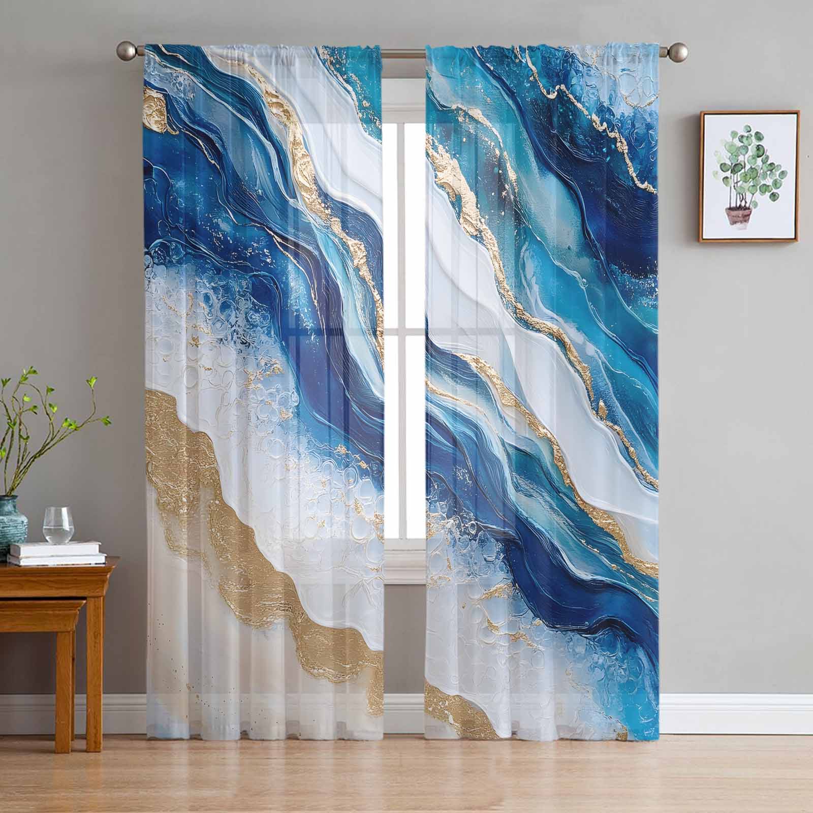 Blue Coastal Sheer Curtains 72 Inch Length 2 Panels Set for Living Room ...