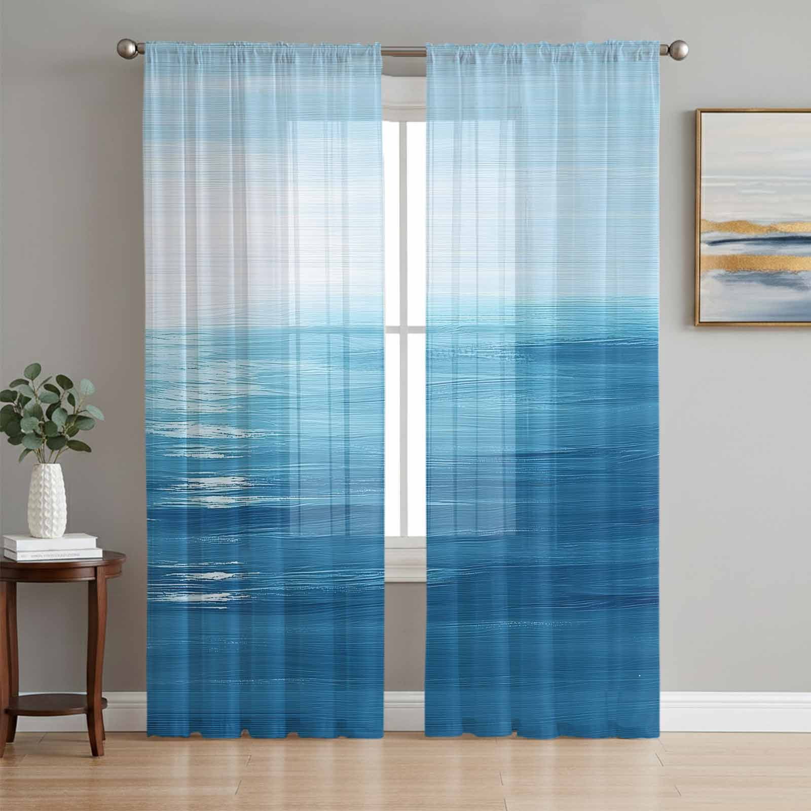 Blue Coastal Sheer Curtains 72 Inch Length 2 Panels Set, Modern Summer ...