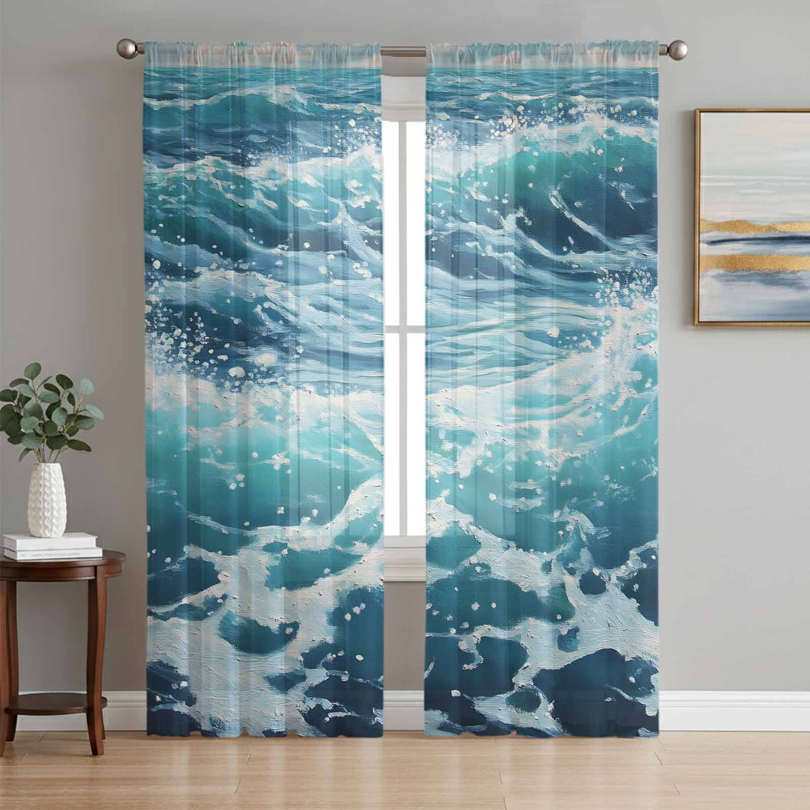Blue Coastal Sheer Curtains 72 Inch Length 2 Panels Set, Summer Ocean ...