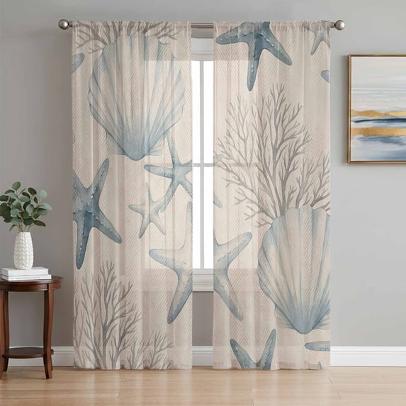 Blue Coastal Sheer Curtains 72 Inch Length 2 Panels Set, Summer Ocean ...