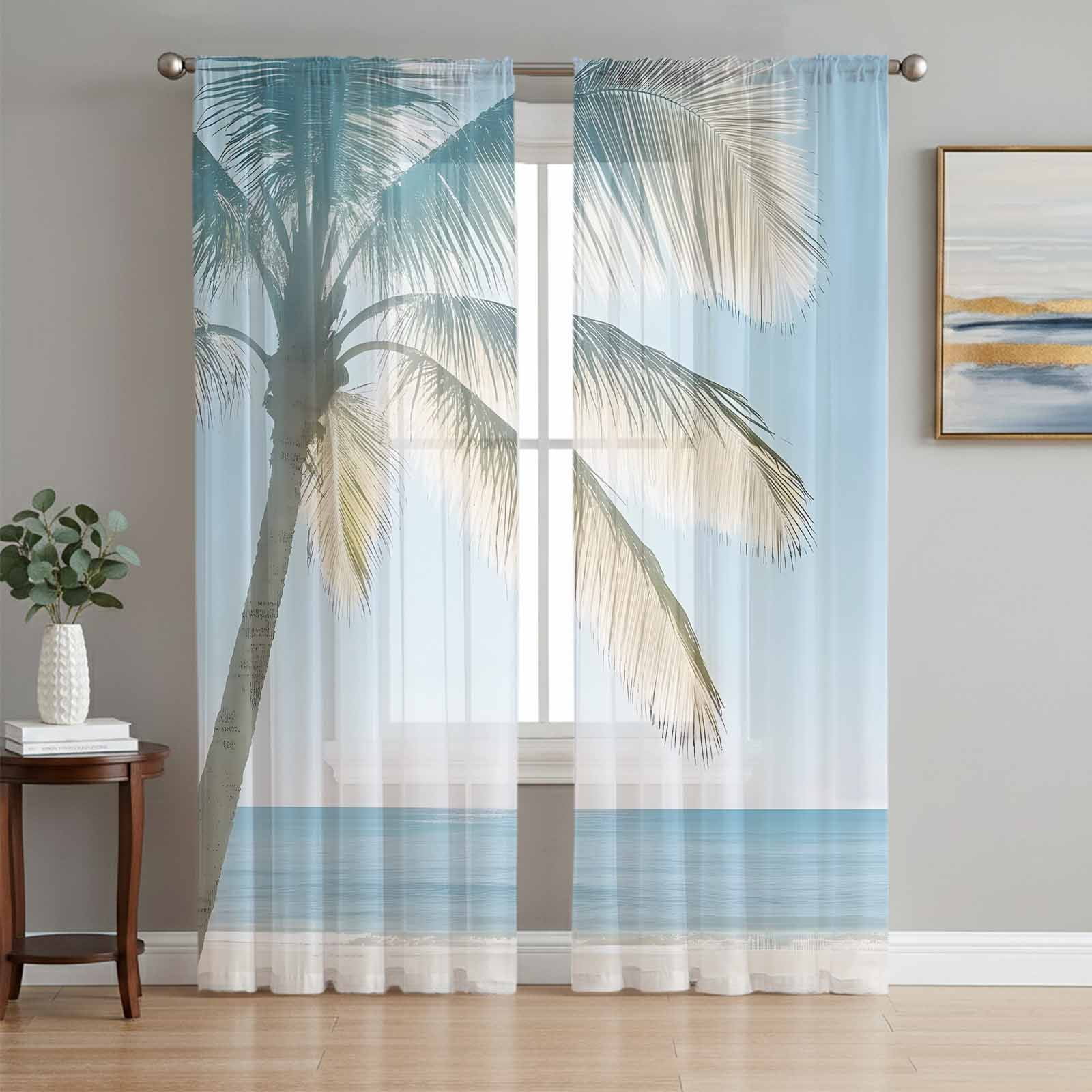 Blue Coastal Sheer Curtains 72 Inch Length 2 Panels Set, Summer Palm ...