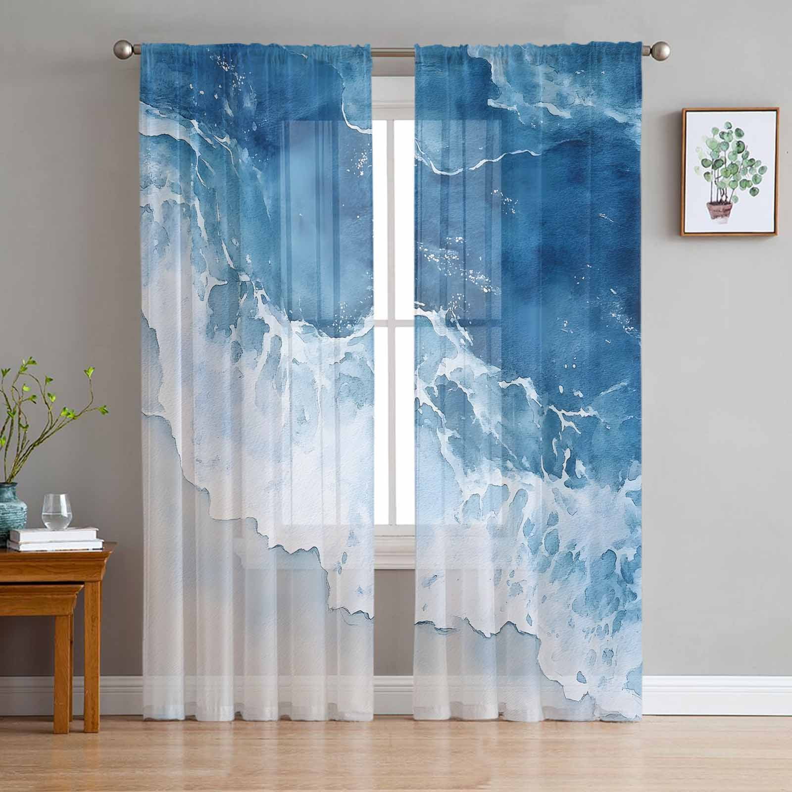Blue Coastal Sheer Curtains 84 Inch Length 2 Panels Set for Living Room ...