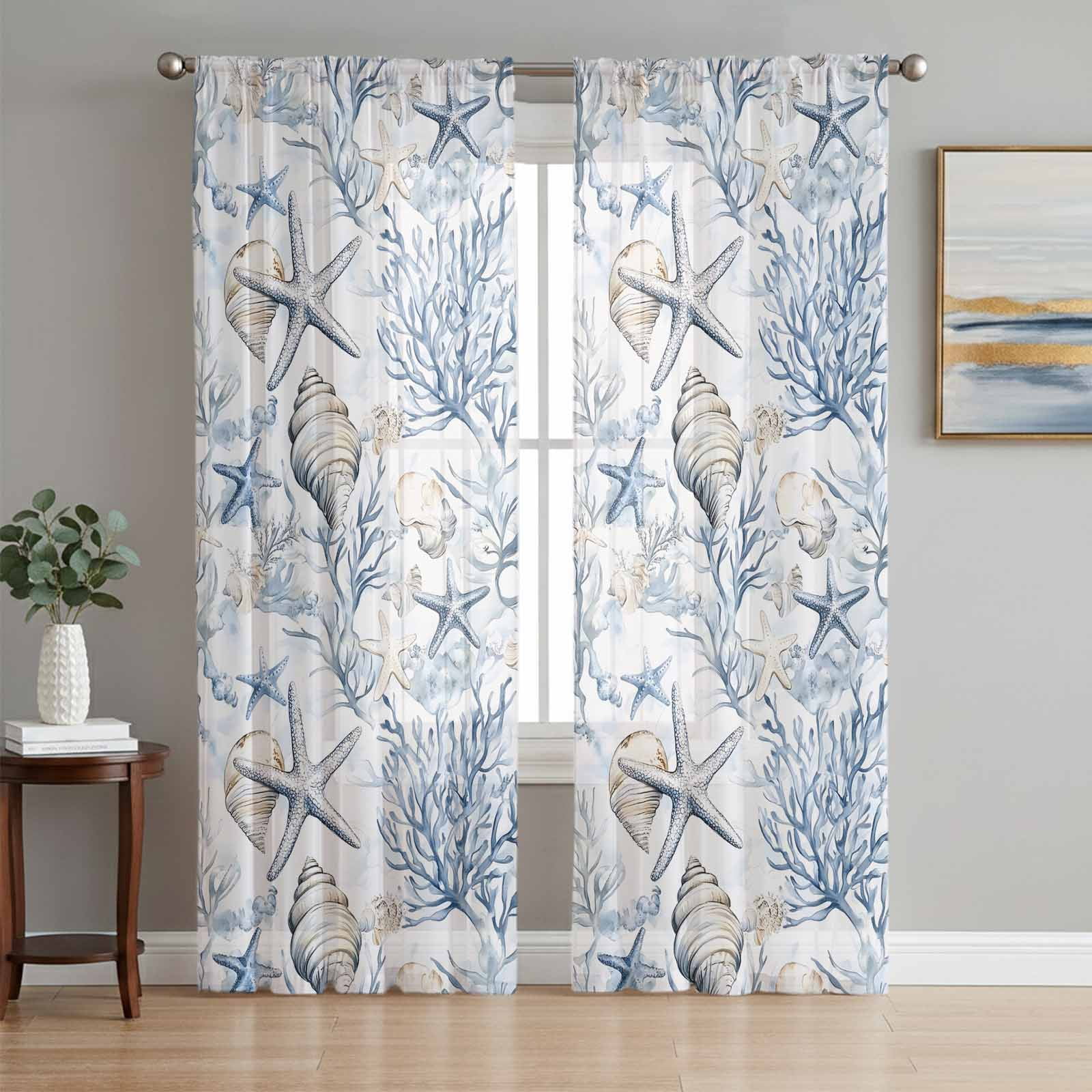 Blue Coastal Sheer Curtains 84 Inch Length 2 Panels Set, Ocean Coral ...