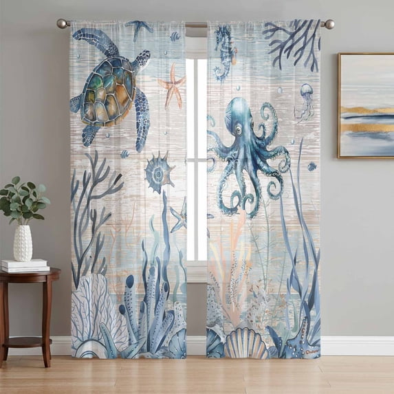 Blue Coastal Sheer Curtains 84 Inch Length 2 Panels Set, Sea Turtle ...
