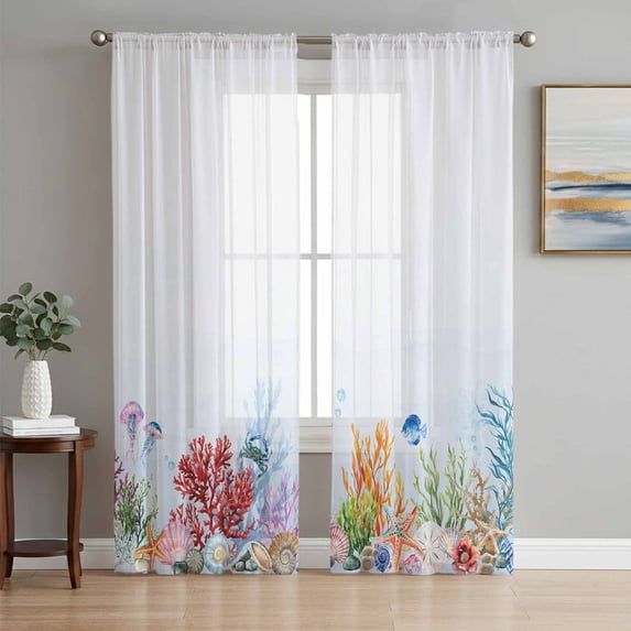 Blue Coastal Sheer Curtains 84 Inch Length 2 Panels Set, Summer Beach ...