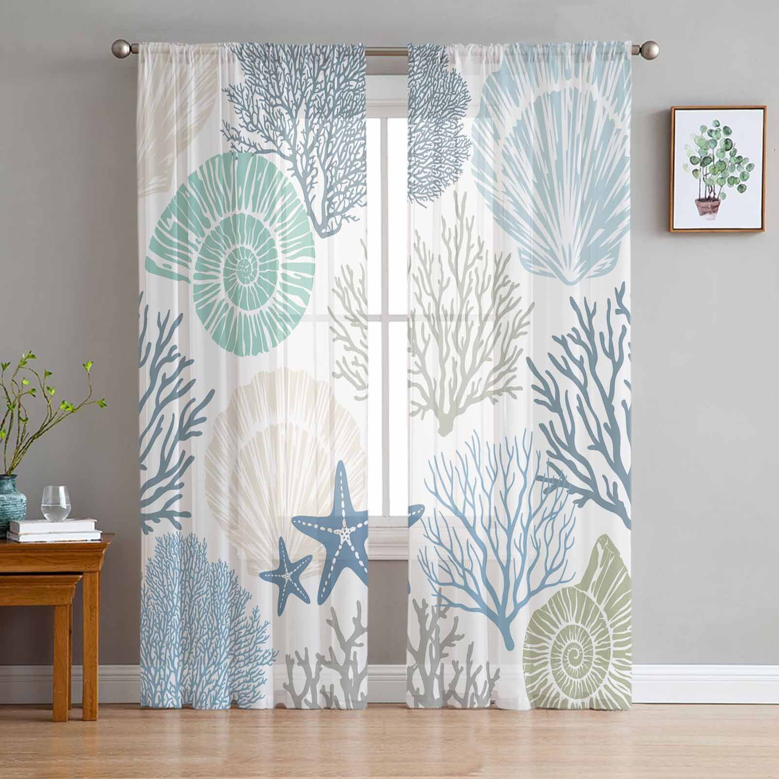 Blue Coastal Sheer Curtains 84 Inches Long 2 Panels Set, Window Sheer ...