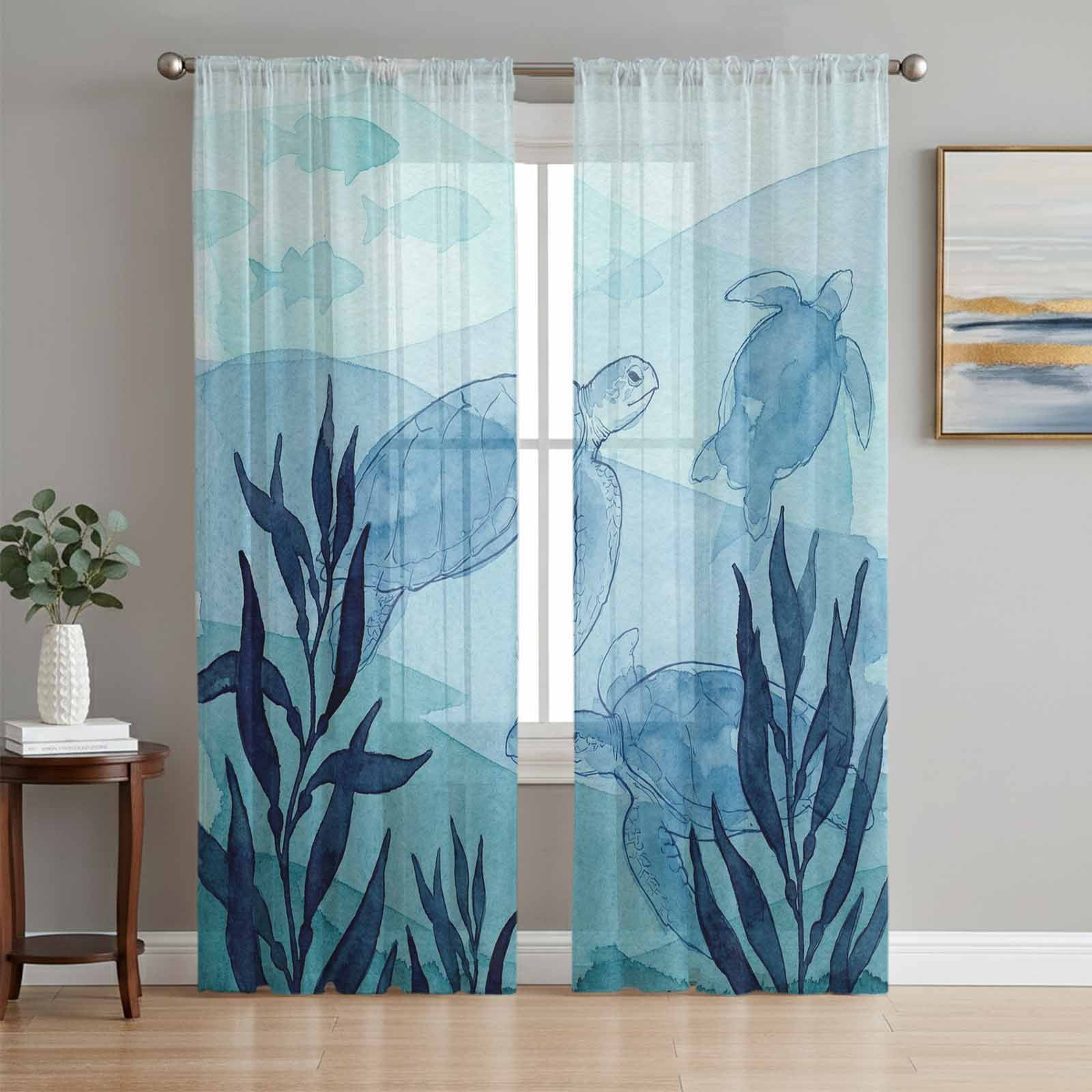Blue Coastal Sheer Curtains 96 Inch Length 2 Panels for Living Room ...