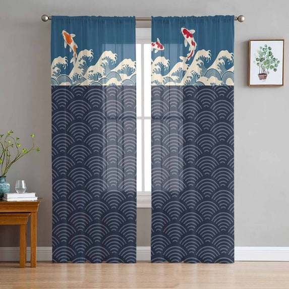 Blue Coastal Sheer Curtains 96 Inches Long 2 Panels Set, Window Sheer ...