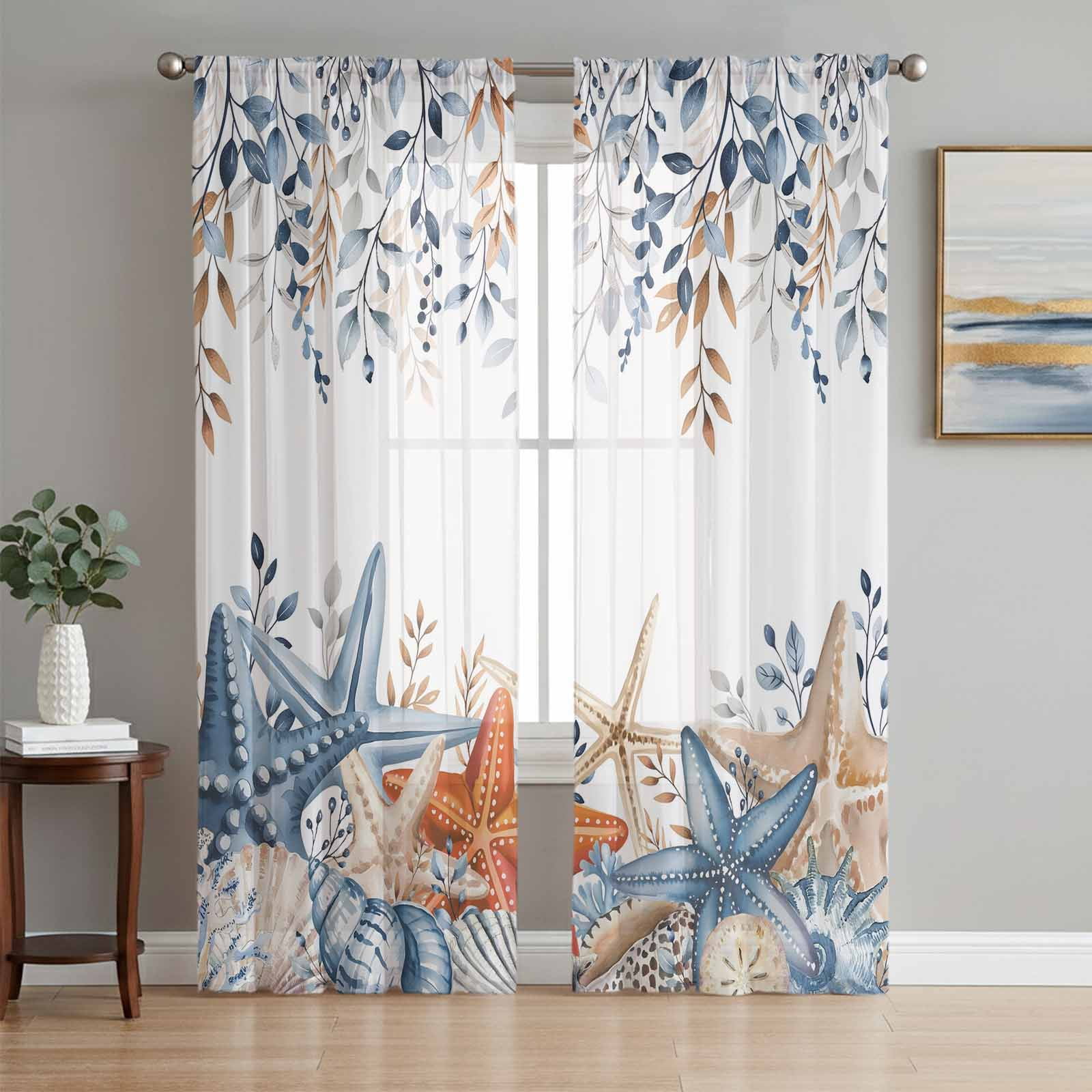 Blue Coastal Sheer Curtains 96 Inches Long 2 Panels Set, Window Sheer ...