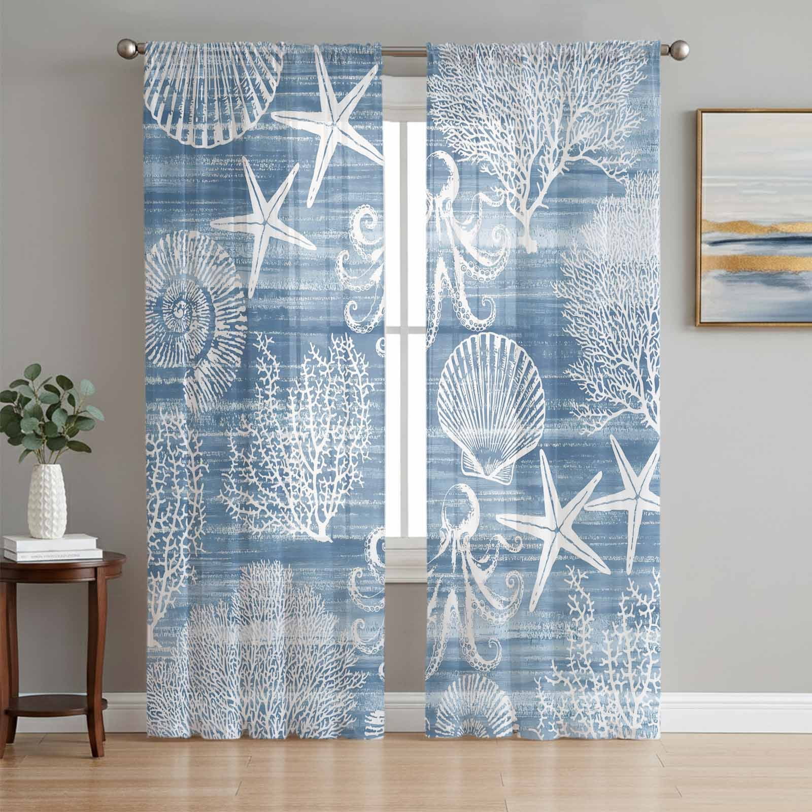 Blue Coastal Sheer Curtains for Living Room Bedroom Nautical Coral ...