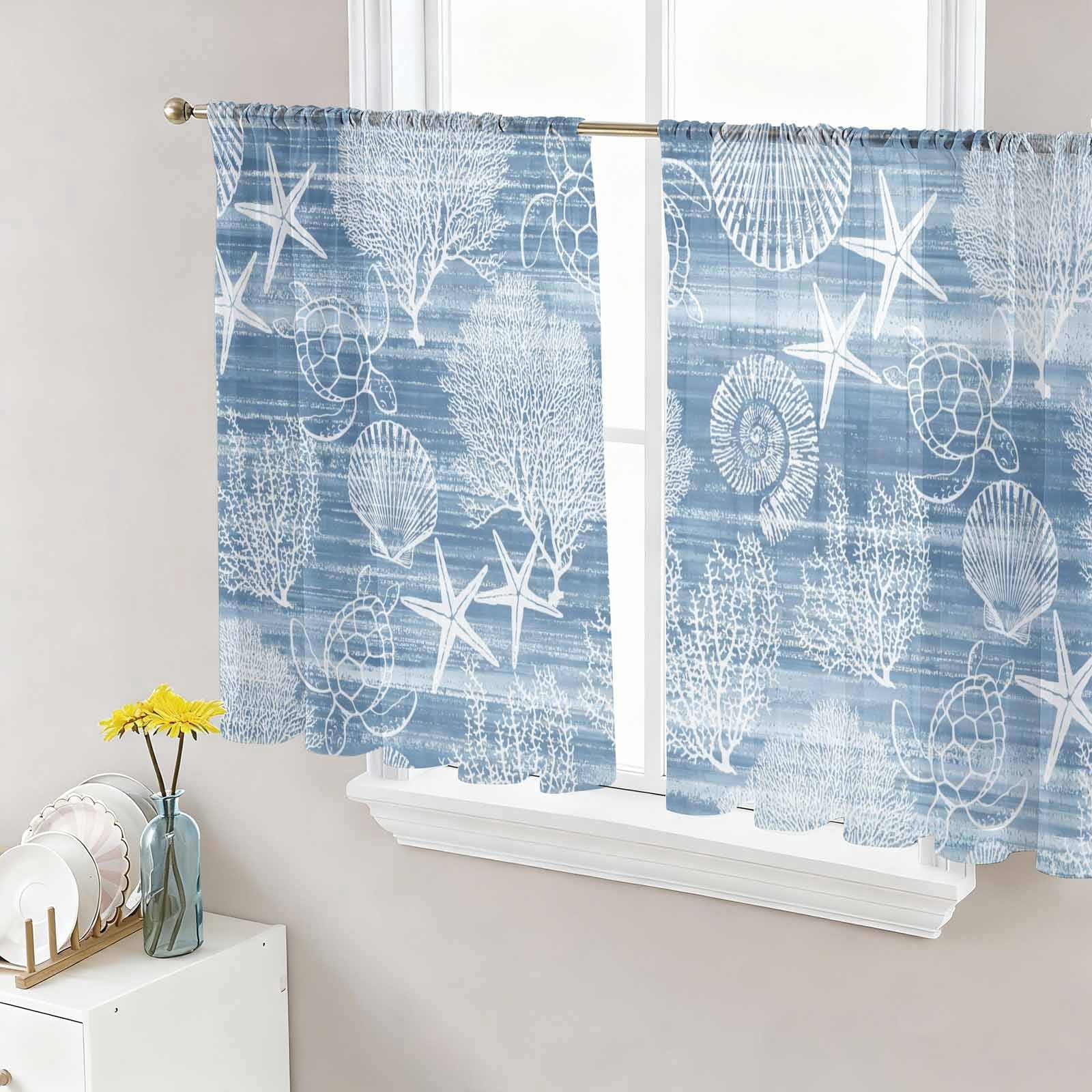 Blue Coastal Sheer Curtains for Living Room Bedroom Nautical Coral ...