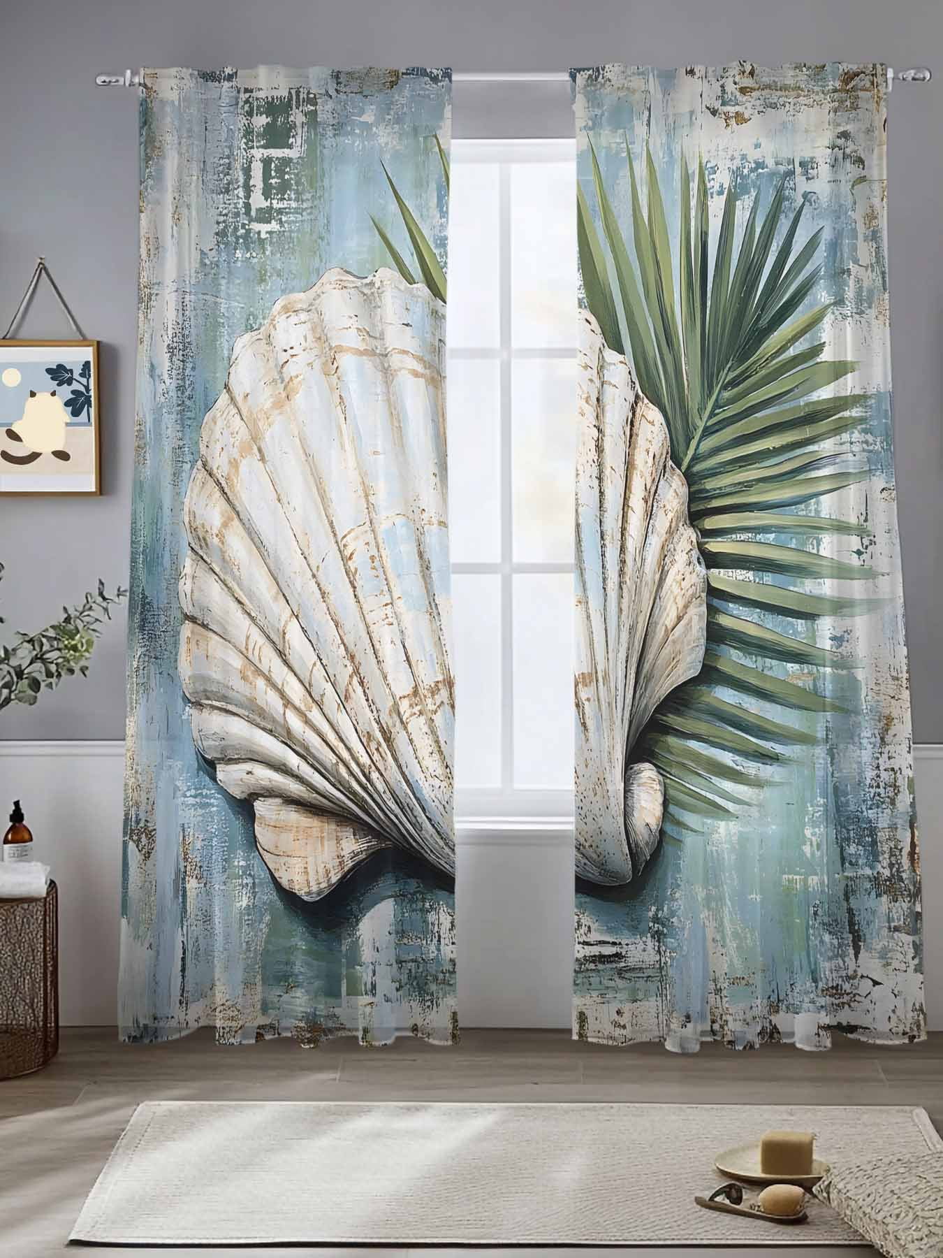 Blue Coastal Sheer Curtains for Living Room Bedroom Retro Botanical ...