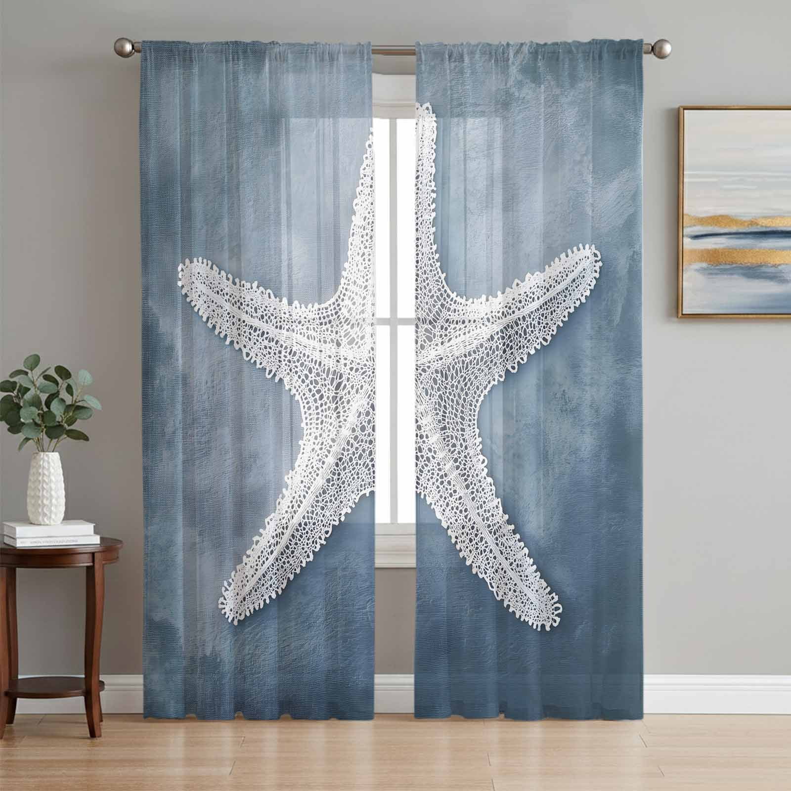 Blue Coastal Sheer Curtains for Living Room Bedroom Summer Ocean Beach ...