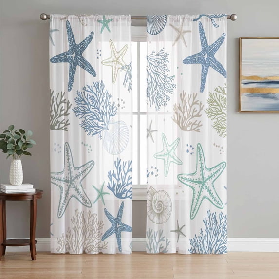 Blue Coastal Sheer Curtains for Living Room Bedroom Summer Starfish ...